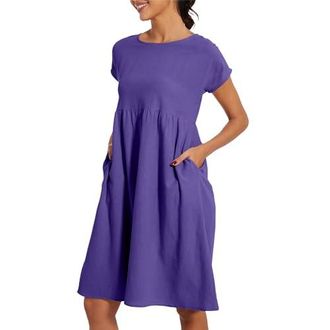 Generic Robes en lin pour femme taille 52/54 - Robe d&eacute;t&eacute; grande taille midi couleur unie en coton mi-longue robe &agrave; manches courtes coupe ample taille 52 avec 