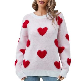 Generic Pull tricot&eacute; pour la Saint-Valentin - Grande taille - Haut &agrave; manches longues - Coupe ample - Doux et confortable - Imprim&eacute; coeur - Pour femme - Chaud 