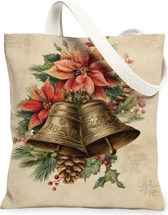 Generic Sacs fourre-tout en toile florale de No&euml;l, cloches et poinsettia, r&eacute;utilisables, l&eacute;gers et lavables pour les vacances, les voyages, la plage, 33 x 38 