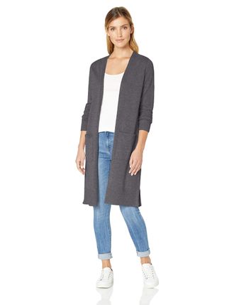 Amazon Essentials Damen Leichter, Länger Geschnittener, Langärmliger Cardigan-Pullover Mit Offener Vorderseite (In Übergröße Erhältlich), Dunkelgrau Meliert, XXL Große 