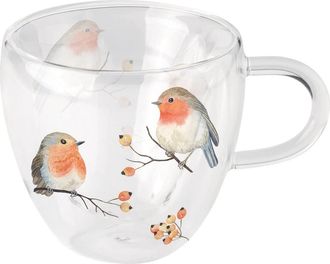 Ambiente Teetasse 200ml Tasse f&uuml;r Heissgetr&auml;nke Borosilikatglas doppelwandig Serie robin family Rotkehlchen V&ouml;gel