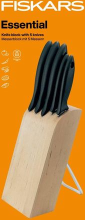 Fiskars Messerblock mit 5 Messern, Essential, Inklusive Gemüsemesser, Schälmesser, Kochmesser, Santoku-Kochmesser und Brotmesser, Breite: 16 cm, Länge: 8 cm, 