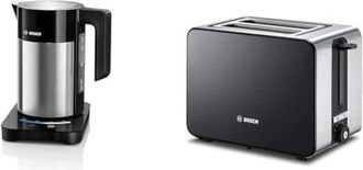 Bosch TWK7203 kabelloser Wasserkocher, Abschaltautomatik, 7 Temperatureinstellungen, 1,7 L, 2200 W, schwarz & TAT7203 Kompakt-Toaster, Auftau/Aufknusperfunk