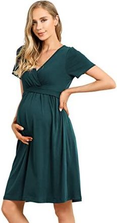 KOJOOIN Robe De Maternité pour Femme Col en V Robe dallaitement À Manches Courtes Robe De Maternité Plissée Décontractée Vert foncé (Manches Courtes) XL