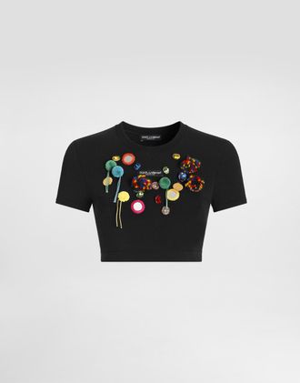 Dolce & Gabbana T-shirt Aus Jersey Mit Applikationen - Frau T-shirts Und Sweatshirts Schwarz 38