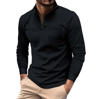 Generic Polo &agrave; manches longues pour homme avec poche sur la poitrine - T-shirt pour homme avec col Polo - T-shirt Polo pour homme en coton coupe r&eacute;guli&egrave;re ave