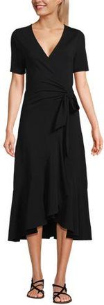 Lands End Wickelkleid aus Baumwoll/Modalmix mit kurzen Ärmeln, Damen, Größe:44-46 regular, Schwarz, Elasthan/Baumwoll-Mischung/Synthetic-blend, by Lands End