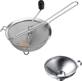 Westmark Einkoch-Set, 1 Passiersieb/Passe-vite + 1 Einmach-/Marmeladen-Trichter mit langem Einfüllstutzen, Rostfreier Edelstahl/Holz, Freches Früchtchen, Silbe