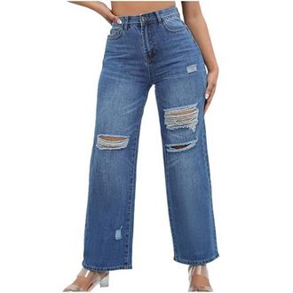 Generic Jean pour femme - Coupe droite - Baggy - Taille haute - Pantalon en denim d&eacute;chir&eacute; - &Eacute;l&eacute;gant - Confortable - Jambes larges - Grandes tailles - Y2K Stre
