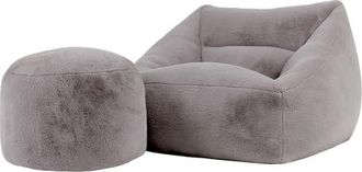 Icon Brand Natalia Sitzsack Sessel für Erwachsene mit Hocker, Grau, Flauschiger Kaninchen Kunstfell Stoff, Riesen Sitzsack mit Füllung, Bean Bag, Bequemer Sessel
