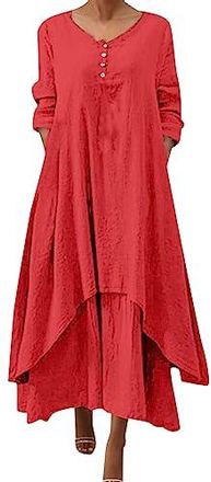 Generic 2026 irrégulière solide robe longue manches femmes décontracté ample col rond femmes, Rouge, 5XL