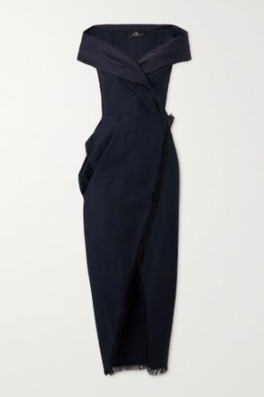 Etro Schulterfreie Robe Aus Jacquard Aus Einer Seidenmischung Mit Twill-bes&auml;tzen Und Wickeleffekt - Blau