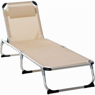 OUTSUNNY Bain de soleil transat pliable grand confort dossier r&eacute;glable multi-position t&eacute;ti&egrave;re alu. textil&egrave;ne beige