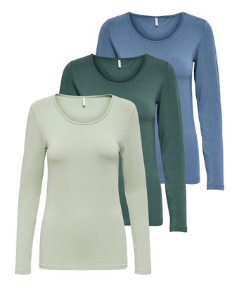 Only Damen Onllive Love Life LS Oneck Top, 3er Pack, Desert Sage/Balsam Green/China Blue, 3XL