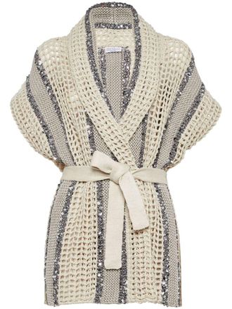 Brunello Cucinelli cardigan ceintur&eacute; &agrave; sequins - Tons neutres