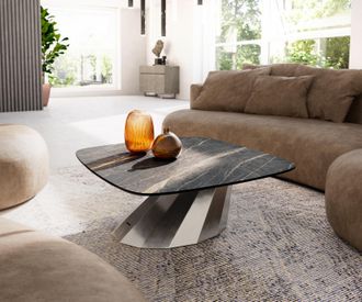 DELIFE Couchtisch Edge Boot 90x90 cm Keramik Laminam Noir Desir Braun Parabi Edelstahl geb&uuml;rstet, Couchtische