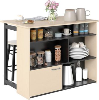 HOMCOM Bartisch mit Barhocker Set, Bartisch Set f&uuml;r 2 Personen, Esstisch mit Klappbarer Tischplatte, Schrank, 2 St&uuml;hlen, Fu&szlig;st&uuml;tze, Moderner