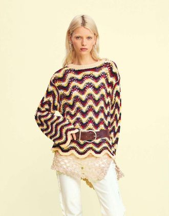 Desigual Pull en maille au crochet &agrave; rayures zigzag - Multicolore-Vert