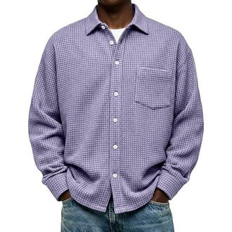 Generic Chemise gaufr&eacute;e pour homme et adulte, chemise boutonn&eacute;e &agrave; manches longues, couleur unie, chemise &agrave; revers vintage, d&eacute;contract&eacute;e et de travail avec poc
