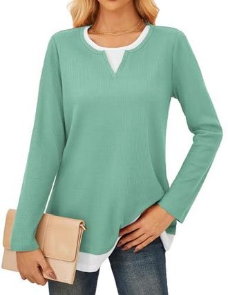 Grace Karin Femme Tee-Shirt &agrave; Manches Longues Haut Top Tissu Gaufr&eacute; Doux Col Rond et Design Bicolore &Eacute;l&eacute;gant Vert XXL