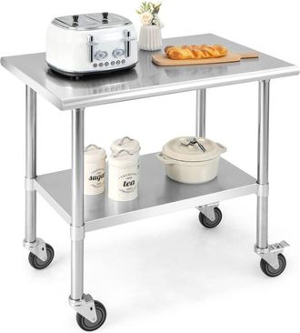 Costway Costway - Table de Travail Cuisine 61 x 92 cm, en Acier Inoxydable à 2 Niveaux 2 Roues Verrouillables, Plateau Inférieure Réglable, Charge 250 kg