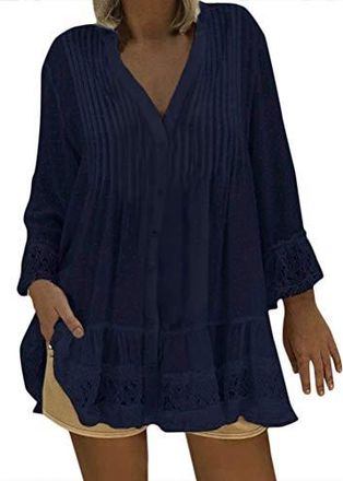 Minetom Chemisier Femmes Chic Blouse Ete Manches Longues Dentelle Tunique Haut Tops Col V Silm Grande Taille Tee Shirt B Bleu FR 42