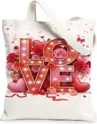 Generic Sacs fourre-tout en toile florale, motif rose damour, sacs d&eacute;picerie, sacs d&eacute;picerie r&eacute;utilisables, l&eacute;gers et lavables pour la Saint Valentin, blanc, 