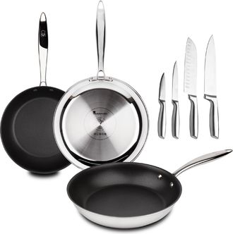 Masterpro Argent 3 - Pfannen- und Messerset - Drei Hochleistungs-Edelstahlpfannen 28, 24 und 20 cm - Set mit 4 Edelstahlmessern, mattierte Oberfläche und sicher