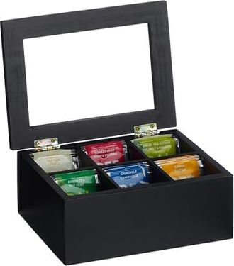 Relaxdays Teebox, 6 Fächer, Bambus, HBT: 9x21,5x16 cm, Tee & Kaffeepads, Teekasten mit Deckel, staubgeschützt, schwarz