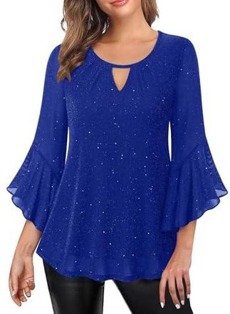 Generic Haut de f&ecirc;te scintillant pour femme - Tunique &agrave; manches 3/4 et col en V, chemisier &eacute;l&eacute;gant et fluide, polyvalent pour les r&eacute;unions daffaires, les f&ecirc;te