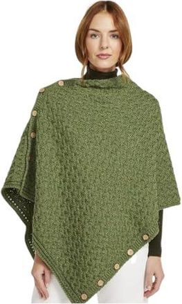 Aran Woollen Mills Aran Knitted Poncho With Wooden Buttons Army Green Colour