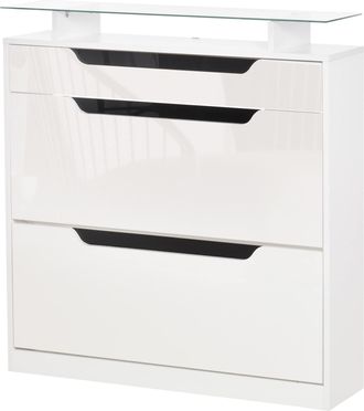 HOMCOM Schuhschrank Schuhregal Trenddesign Aufbewahrungsschrank Kippeimer mit Klapptür Glasplatte Verstellbares Regal großes Fassungsvermögen für 14 Paar Hoc