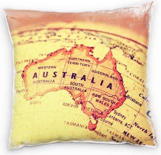 Paul Sinus Art Vintage, Karte, Australien, orange, gelb Deko Kissen 40x40cm für Couch Sofa Lounge Zierkissen - Dekoration zum Wohlfühlen