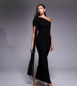 KAIIA Exclusive - Doppellagiges, figurbetontes Maxikleid aus anschmiegsamem Mesh-Stoff in Schwarz mit One-Shoulder-Tr&auml;ger und drapiertem Detail