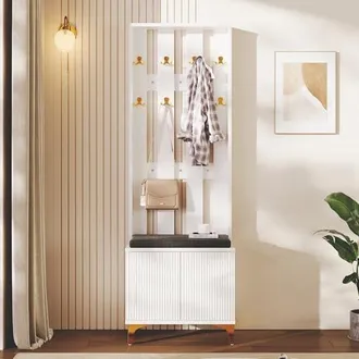 Merax Garderobe, Ensemble de vestiaire moderne avec banc et coussin, vestiaire avec &eacute;tag&egrave;re &agrave; chaussures pour couloir, 60,5 L x 180,5 H x 35,2 B cm, Blanc