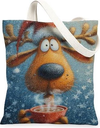 Generic Sacs fourre-tout amusants en toile avec motif animal de No&euml;l, sacs d&eacute;picerie r&eacute;utilisables, l&eacute;gers et lavables avec bandouli&egrave;re pour les voyages, bleu