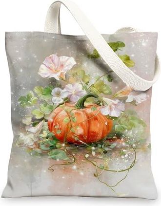 Generic Sacs fourre-tout réutilisables en toile à motif floral citrouille - Sacs dépicerie vintage légers et lavables - Sacs en toile pour voyage, plage, piqu