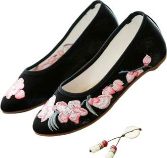 Generic QXDZSW Chaussures en toile pour femme avec semelle plate brodée et semelle souple antidérapante peu profonde à enfiler pointue ethinc nude, Noir, 39.5