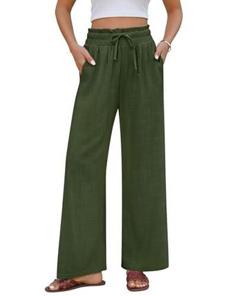 Heekpek Pantalon d&eacute;t&eacute; en lin pour femme - L&eacute;ger et a&eacute;r&eacute; - Coton et lin - Jambes larges - Pantalon d&eacute;t&eacute; ample - Pantalon de loisirs - &Eacute;lastique - Taille haute 