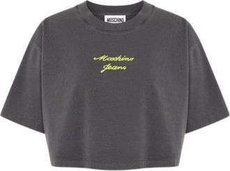 Moschino unisex, Tops, Gris, Taille: 2XS Crop top en jersey de coton brod&eacute;