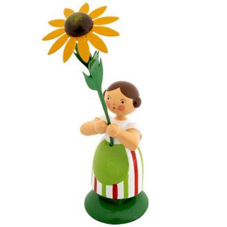 Seiffener Volkskunst Jan Legler | Wiesenblumenm&auml;dchen Blumenkinder | Handwerkskunst aus dem Erzgebirge | Holzfigur Fr&uuml;hlingsdeko | 12 cm | mit gelber Sonnenhut