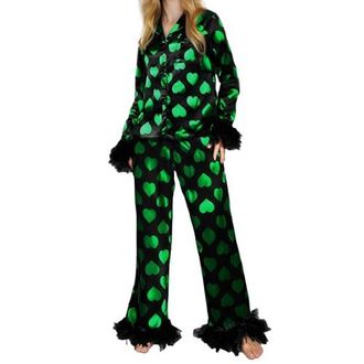 Generic Ensemble 2 pi&egrave;ces de pyjama ample pour femme avec chemise et pantalon pour la Saint-Valentin 2026, Vert, XL