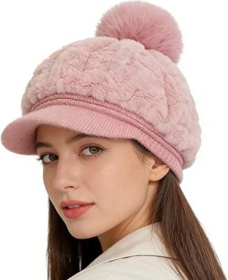 Generic Bonnet pour Femme avec Pompon, Bonnet avec Bord, pour Femmes et Filles, Vacances, Plein air, Matin, Marche, trajets Quotidiens, Ski, Voyage, Rose