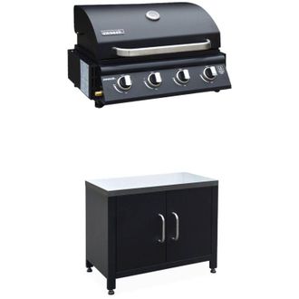 Sweeek Barbecue &agrave; gaz avec 4 br&ucirc;leurs &agrave; poser avec r&eacute;cup&eacute;rateur de graisse + Meuble de cuisine ext&eacute;rieure en acier L80cm