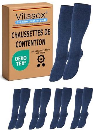Vitasox 44457 Chaussettes de contention, chaussettes de voyage en coton, unisexe chaussettes de compression 4 paires bleu jeans 43/46