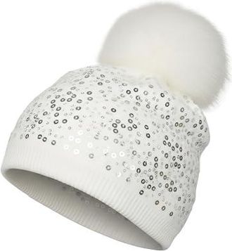 styleBREAKER Bonnet à Pompon et à Mailles Fines, Paillettes et Pompon en Fausse Fourrure Amovible, Bonnet à Pompon, Femme 04024134, Couleur:Blanc