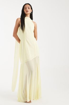 Tfnc Robe longue pour demoiselle dhonneur en mousseline avec cape et jupe transparentes - Beurre citron-Jaune
