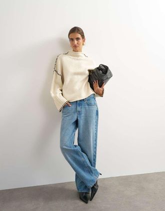 Topshop Strickpullover mit Rollkante und &Uuml;berwendlichstich in Elfenbein-Wei&szlig;