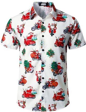 JOGAL Chemise de Noël funky à manches courtes pour homme - Chemise hawaïenne boutonnée - Imprimé Père Noël - Chemise de loisirs, Blanc Moto, 3XL