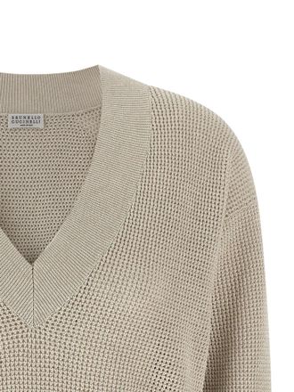 Brunello Cucinelli Openwork Cotton Blend Sweater - Beige